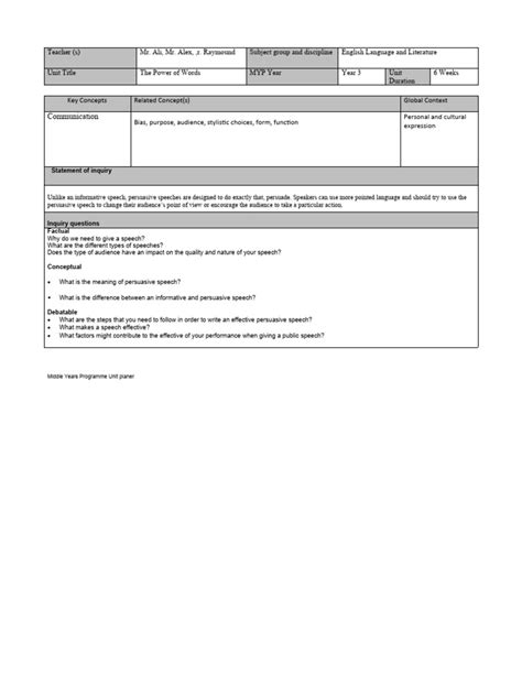 Unit Planner Speech Unit 3 Grade 8 Ali Pdf Communication Rhetoric