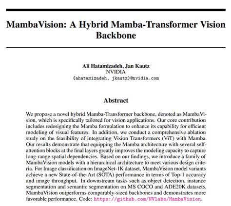 Mambavision：混合 Mamba Transformer 视觉骨干网 知乎