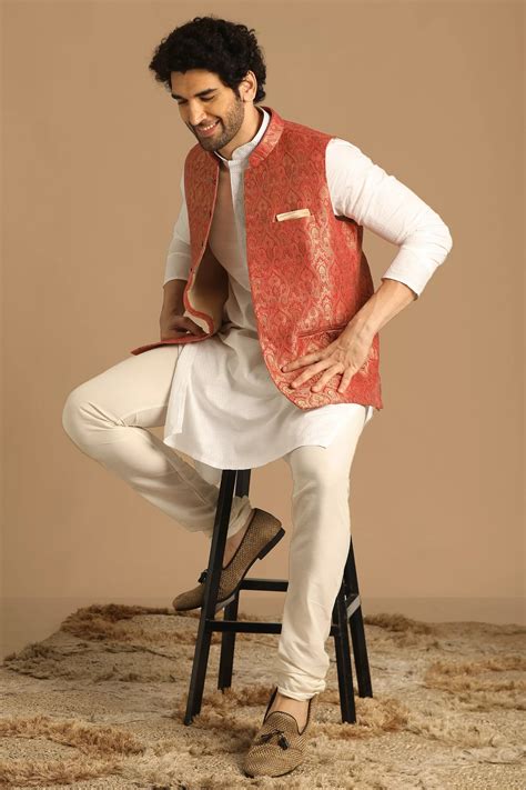 Buy Rust Self Design Jacket Online In India Manyavar Nehru Jacket
