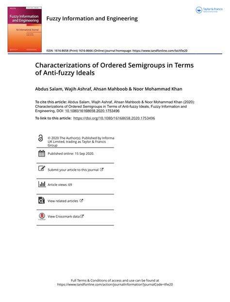 Pdf Characterizations Of Ordered Semigroups In Terms Of Anti Fuzzy Ideals