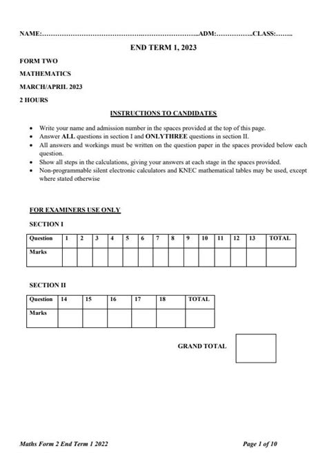 Form 2 Mathematics End Term 1 Examination 2023 1564