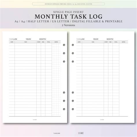 Task Log Planner Template Printable A A Half US Digital A Simpart Design Daily Task