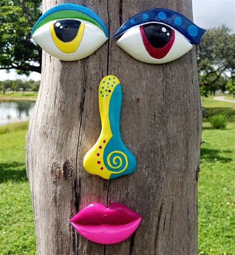 Tree Face Sculpture Colorful Style Handmade By Artist Decor Outdoor