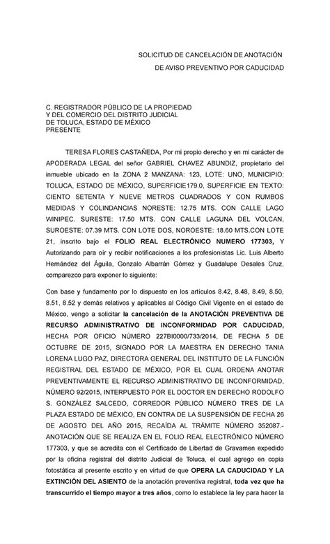 Oficio Caducidad Solicitud De CancelaciÓn De AnotaciÓn De Aviso