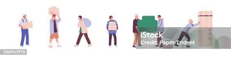 로더 작업자가 설정합니다 골판지 상자 소포 가방 및 가구를 들고 밀어 내는 택배 물품을 배달 적재 및 이동하는 사람들 흰색 배경에 격리된 플랫 벡터 일러스트레이션 나름에