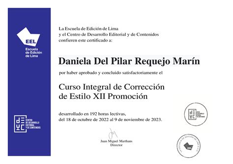 Certificado Curso Integral De Corrección De Estilo Daniela Del Pilar