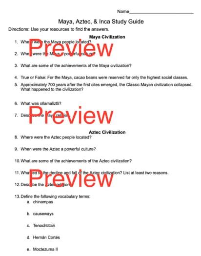 Maya Aztec And Inca Civilizations Review Worksheet By Math To Basics
