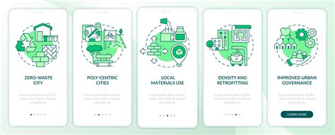Urban Development Principles Green Onboarding Mobile App Screen Walkthrough 5 Steps Graphic
