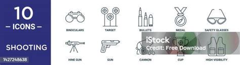 촬영 개요 아이콘 세트에는 얇은 선 쌍안경 총알 안전 안경 총 컵 높은 가시성 조끼 보고서 프리젠 테이션 다이어그램 웹 디자인을위한 Hine Gun 아이콘이 포함됩니다