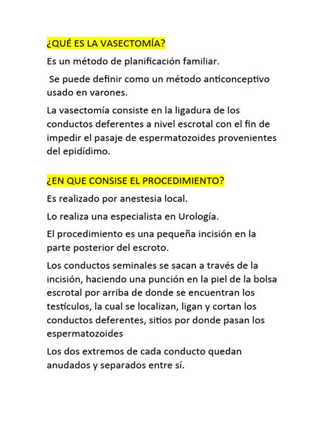 Características Y Procedimiento De Vasectomía Pdf Especialidades