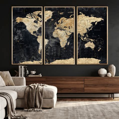 Framed Large World Map Wall Art Canvas Print For Living Room