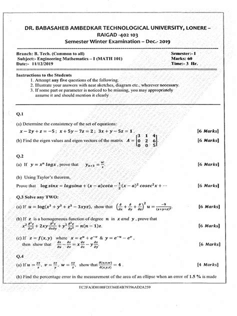Btech 1 Year Engineering Mathematics 1 Math101 Dec 2019 Pdf