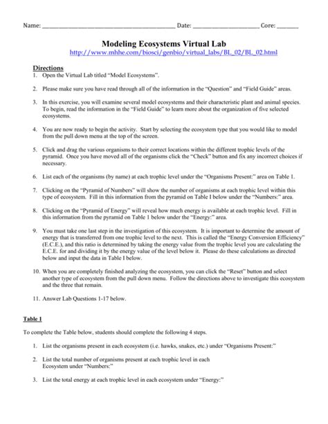 Modeling Ecosystems Virtual Lab Worksheet
