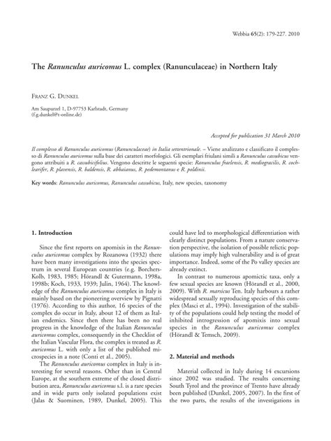 Pdf The Ranunculus Auricomus L Complex Ranunculaceae In Northern Italy