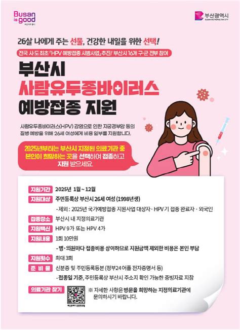 부산시 1998년생 여성 대상 사람유두종바이러스 예방접종 지원 확대