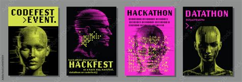 Set Of Futuristic Posters With 8 Bit Pixel Art Illustrations Of Glitched Human Heads Covers For