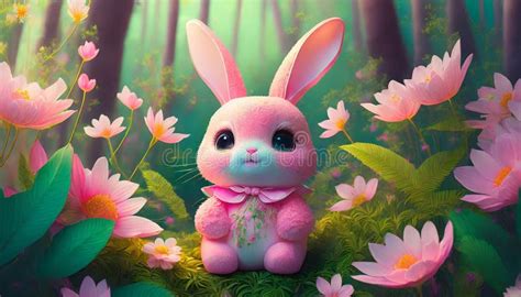 Pink Plush Bunny In A Fairy Forest Stock Illustration Illustration Of