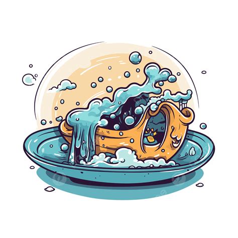 설거지 벡터 접시에 거품이 있는 오렌지 보트의 스티커 클립 아트 만화 그림 상표 클립 아트 Png 일러스트 및 벡터 에