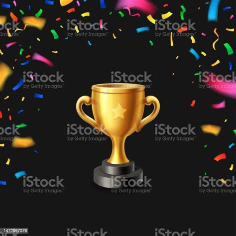 Trophy Cup With Confetti On Black Background Champion Trophy Cartoon