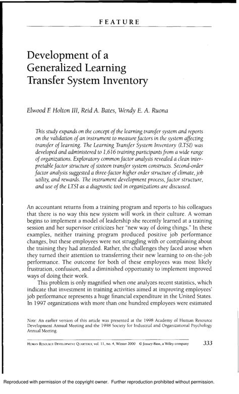 Pdf Development Of A Generalized Learning Transfer System Inventory