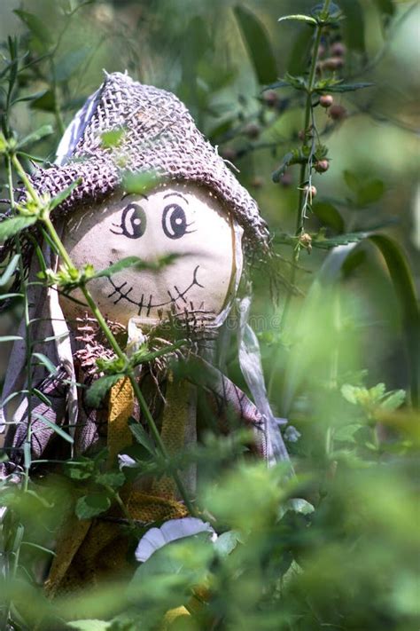 A Hand Made Textile Scarecrow Doll Stands In The Garden Stock Image