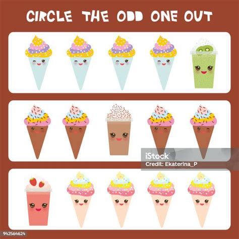 시각적 논리 원 이상 한 퍼즐 귀여운 다채로운 커피 키 위 딸기 스무디 아이스크림 콘 분홍색 뺨 및 윙크 눈 갈색 바탕에 파스텔
