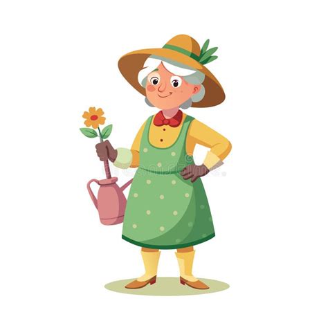 Gardening Grandma Illustration Happy Senior Woman With Flower And Watering Can Stock Vector
