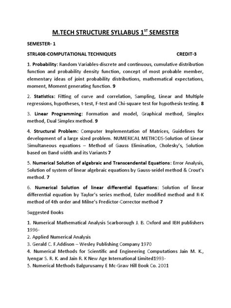 Detailed Syllabus M Tech Pdf Structural Analysis Numerical Analysis