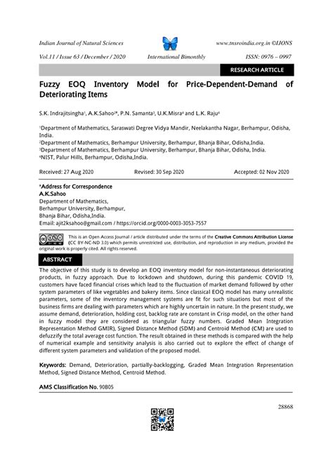 Pdf Fuzzy Eoq Inventory Model For Price Dependent Demand Of