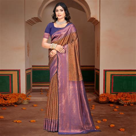 Brown And Violet Woven Vichitra Silk Saree With Tassels