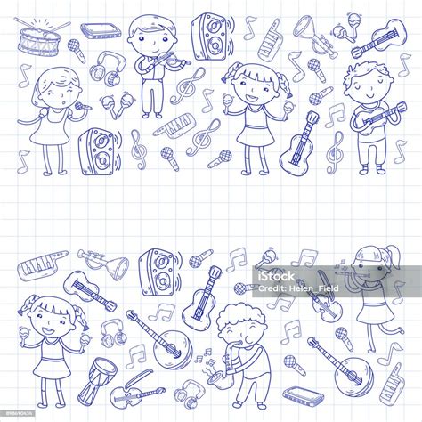 음악 학교 아이 들 벡터 일러스트 어린이 대 한 노래를 노래 연주 악기 유치원 낙서 아이콘 컬렉션 아이 들 음악 레슨에 대 한 그림 2 3 살에 대한 스톡 벡터 아트 및