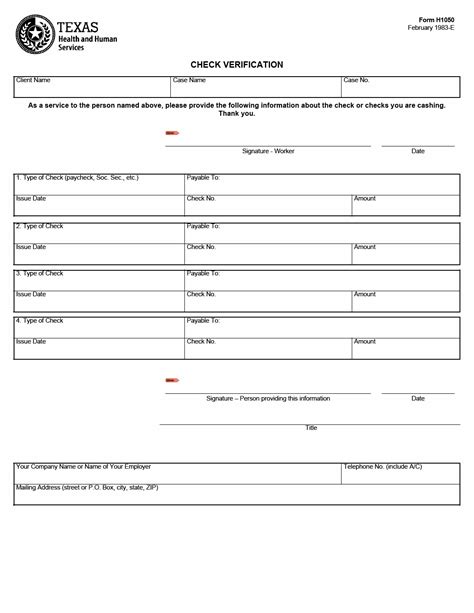 Tx Hhs Form H1050 Check Verification Document Template