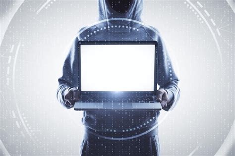 Premium Photo Hacker Holding Empty Laptop On Abstract Digital Background Data And Ad Mockup