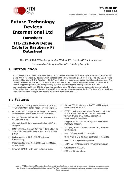TTL 232R RPi Debug Cable For Raspberry Pi Datasheet FTDI