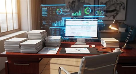 Holographic Files A Modern Office Workspace With A Computer And Data
