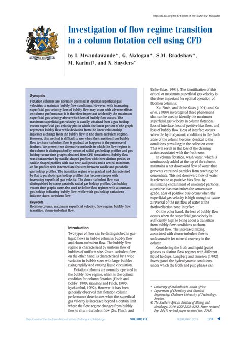 Pdf Investigation Of Flow Regime Transition In A Column Flotation Cell Using Cfd