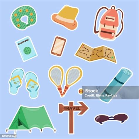 디자인용 여행 스티커 세트 전 세계 여행을위한 관광 스티커 여름 방학 관광 및 여행 개체를 계획하는 플랫 디자인 스타일의 벡터 일러스트 컬렉션 가리키기에 대한 스톡 벡터