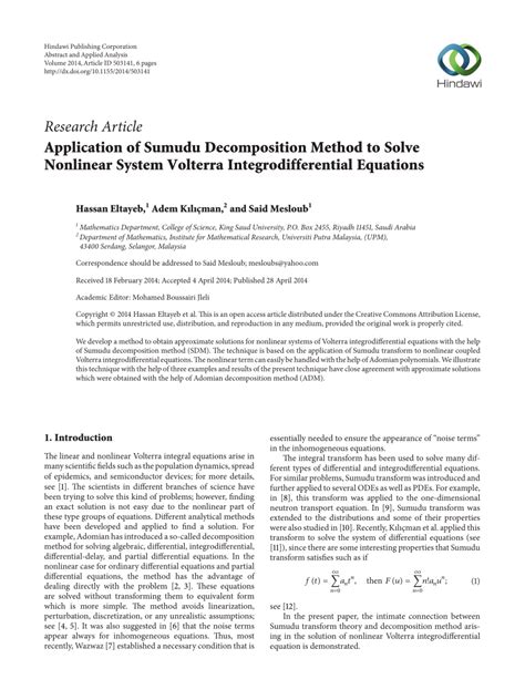 Pdf Application Of Sumudu Decomposition Method To Solve Nonlinear System Volterra