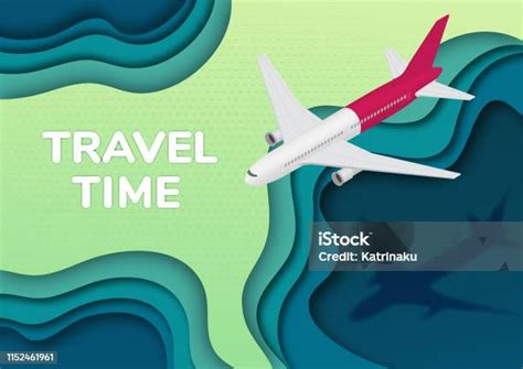 여행 및 관광 배경입니다 등각 투영 뷰에서 승객 평면 3d 종이 예술 그림입니다 풍경 상단 보기 강의 상단 보기 벡터 일러스트 3차원 형태에 대한 스톡 벡터 아트 및 기타