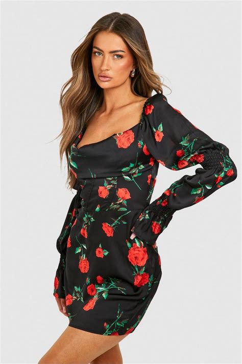 Rose Print Corset Detail Mini Dress Boohoo Uk
