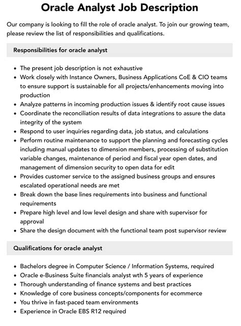Oracle Analyst Job Description Velvet Jobs