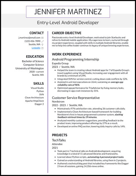 Entry Level Android Developer Resume Examples In