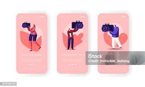 사진 과정 모바일 앱 페이지 온보드 화면 템플릿 거대한 사진 카메라 촬영 사진과 작은 문자 사진 테마에 대한 스톡 벡터 아트 및 기타 이미지 Istock