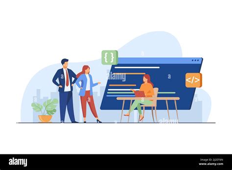 Programmers Coding New Program Laptop Code Development Flat Vector