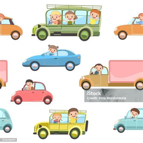 아이들은 자동차와 버스를 운전합니다 원활한 만화 패턴 어린이 운전자 아이들은 고립 된 배경 다양한 자동차 장난감 차량 모터 및