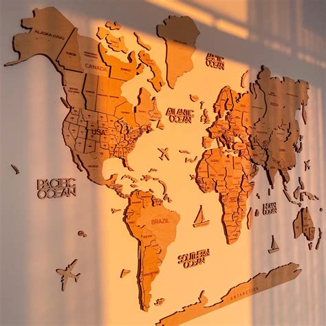 Classic Wooden World Map Home Decor Living Room Wall Art 3d Large