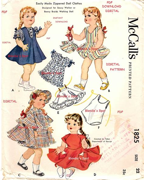 Vintage Doll Clothing Pattern 1825 For 22 Saucy Walker Bonny Braids