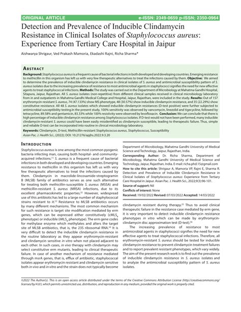 Pdf Detection And Prevalence Of Inducible Clindamycin Resistance In Clinical Isolates Of