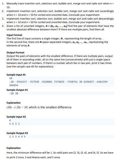 1 Manually Trace Insertion Sort Selection Sort Chegg