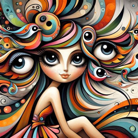 изображение пылающей девушки с большими глазами ярких птиц вокруг нее в стиле дидлера лоуренко